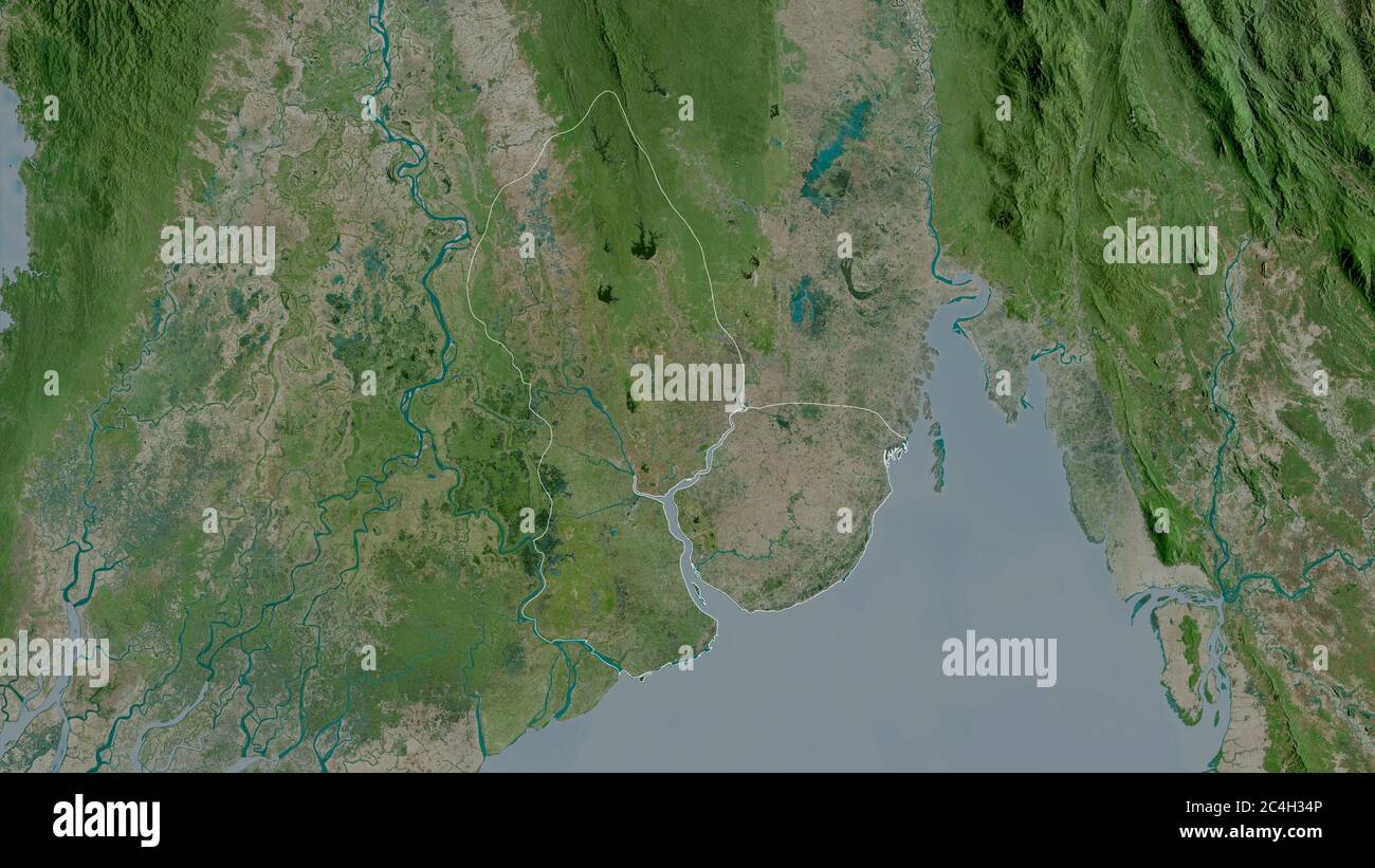 Yangon, division of Myanmar. Satellite imagery. Shape outlined against ...