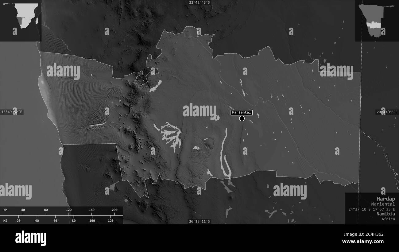 Hardap, region of Namibia. Grayscaled map with lakes and rivers. Shape ...
