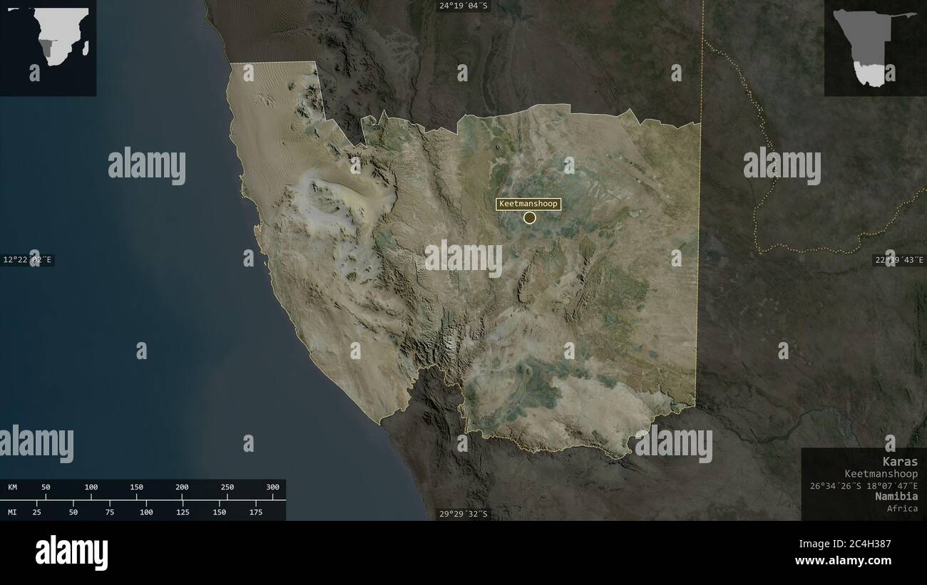 Karas, region of Namibia. Satellite imagery. Shape presented against ...