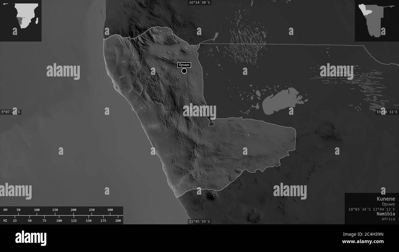 Kunene, region of Namibia. Grayscaled map with lakes and rivers. Shape ...