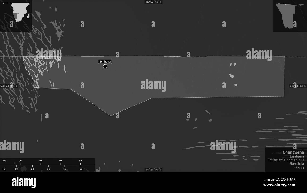 Ohangwena, region of Namibia. Grayscaled map with lakes and rivers ...