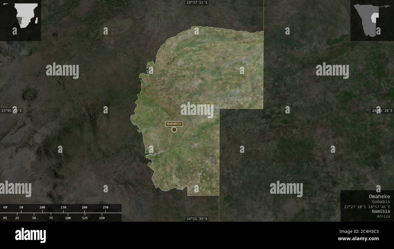 Omaheke, region of Namibia. Satellite imagery. Shape presented against ...