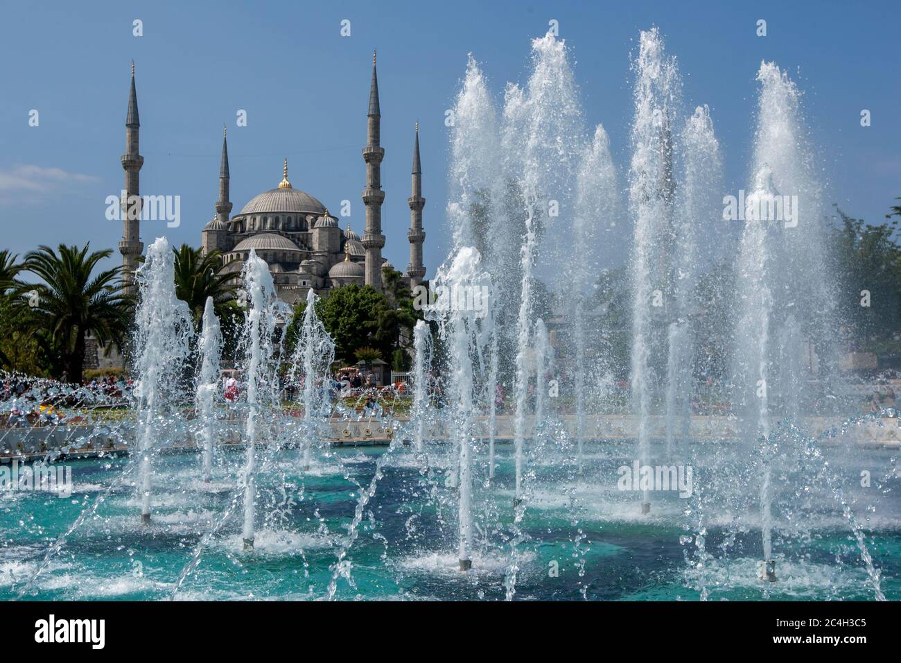 A water fountain in Sultanahmet Park at Istanbul in Turkey shoots water ...