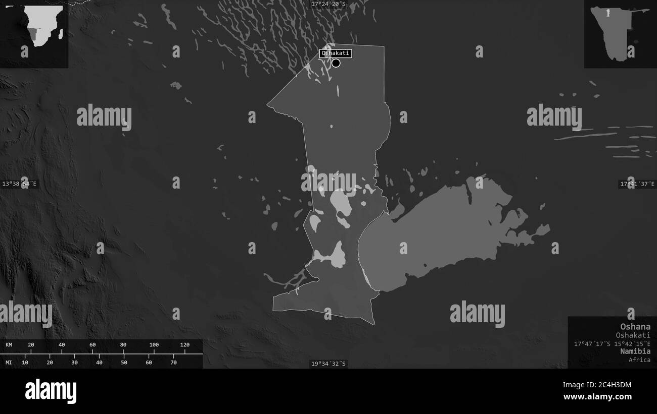 Oshana, region of Namibia. Grayscaled map with lakes and rivers. Shape ...