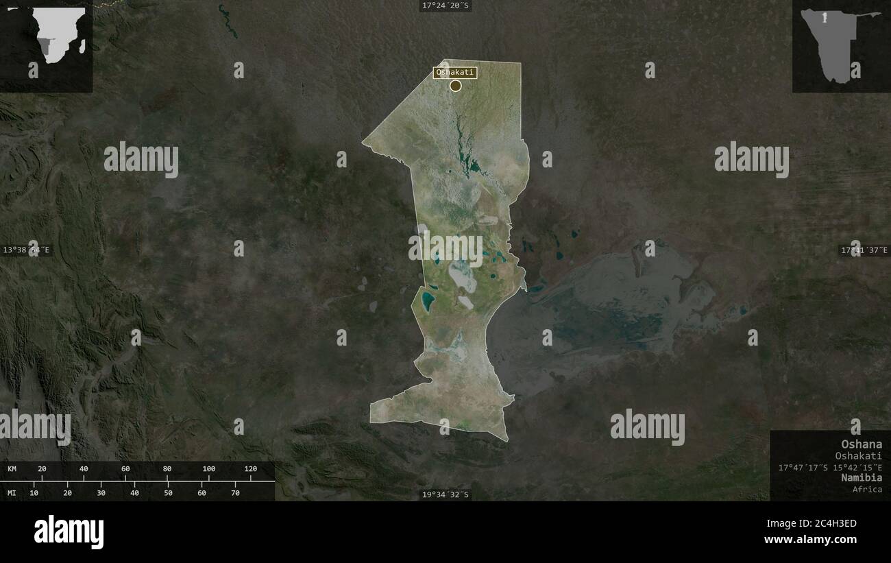 Oshana, region of Namibia. Satellite imagery. Shape presented against its country area with ...