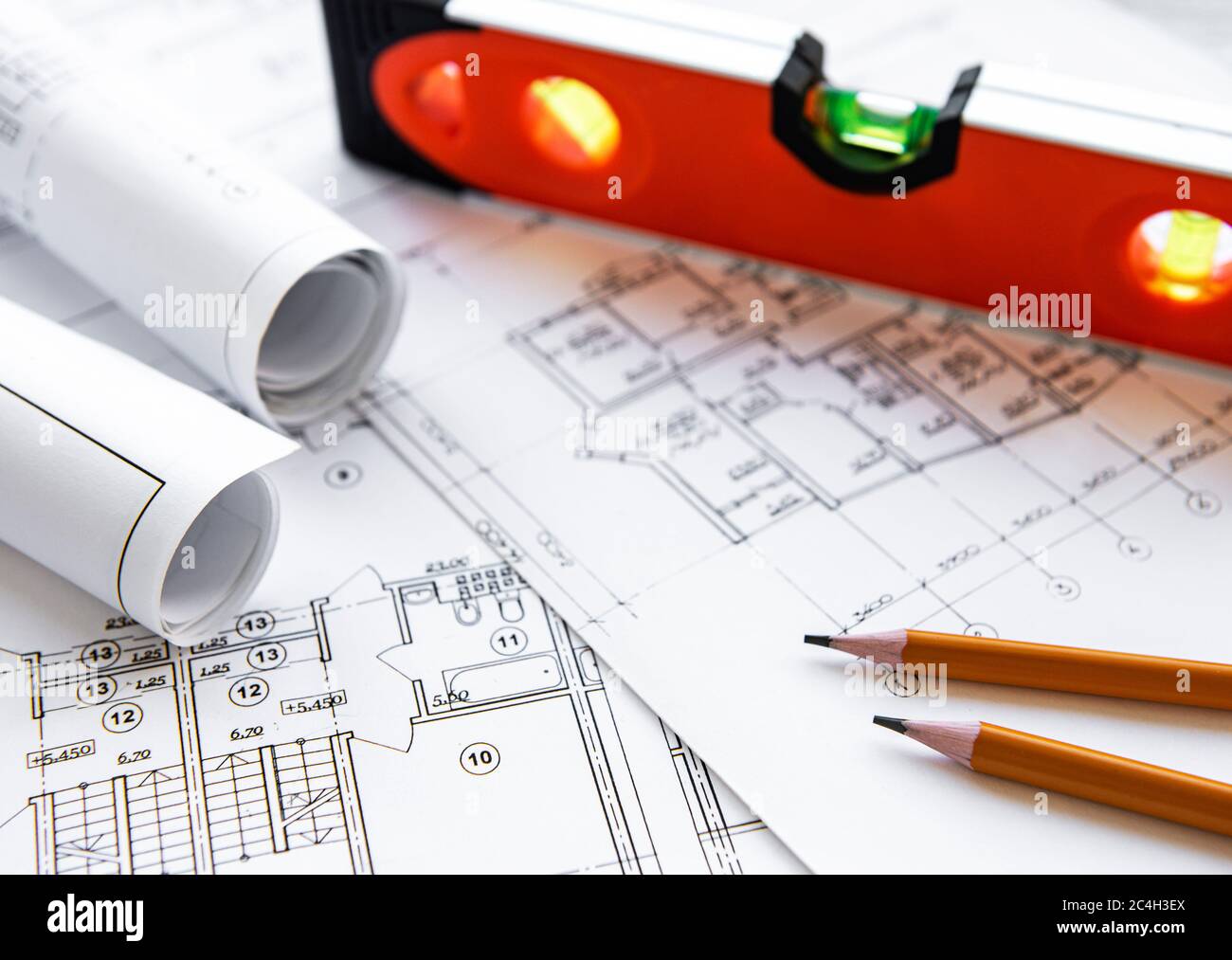 Architect workplace top view. Architectural project, blueprints ...