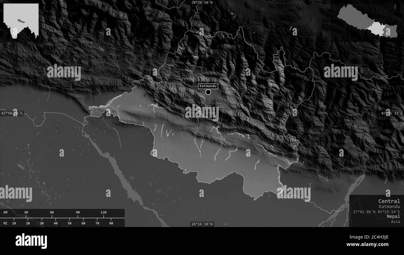 Central, development region of Nepal. Grayscaled map with lakes and ...