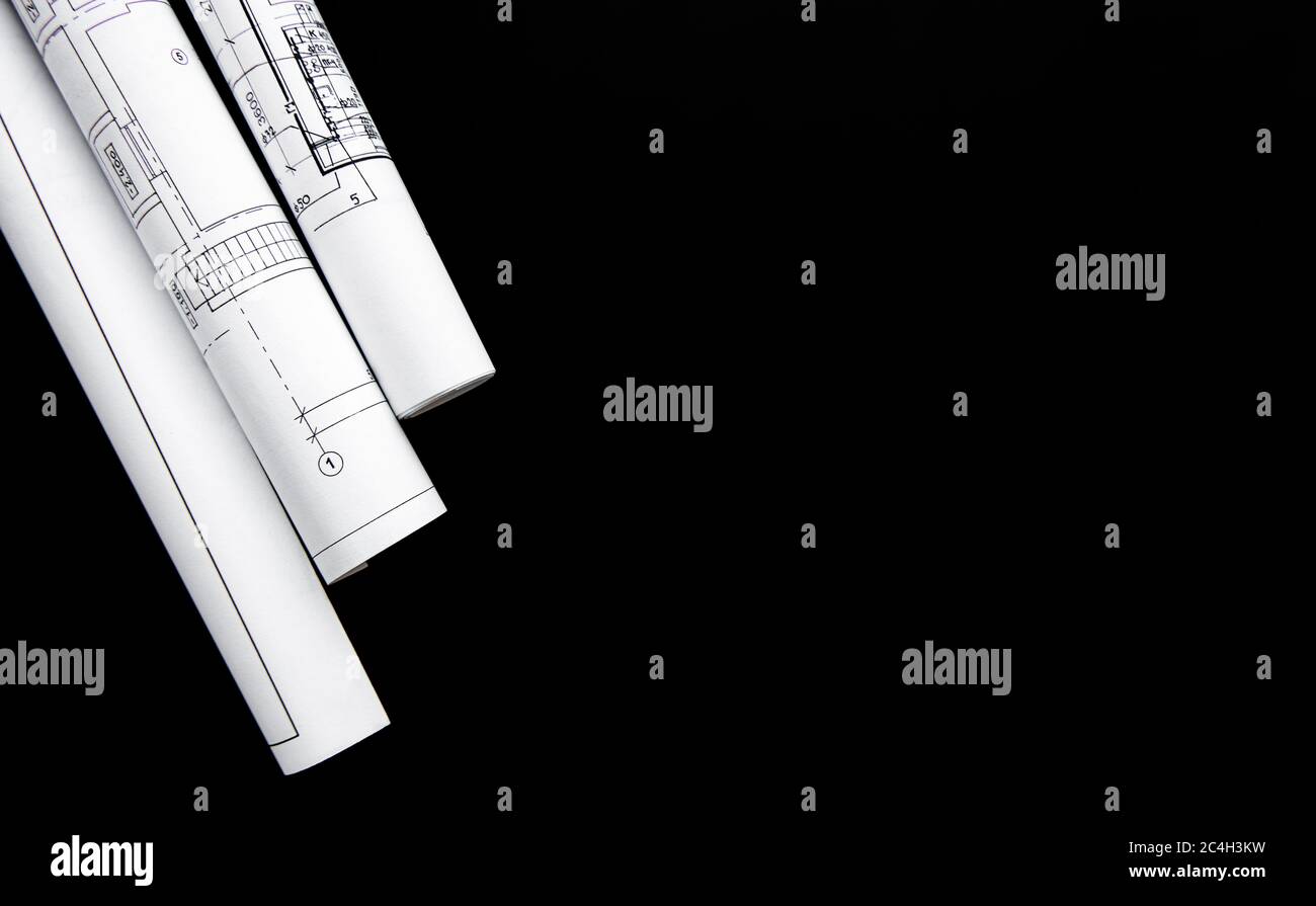 Architect workplace top view. Architectural project, blueprints ...