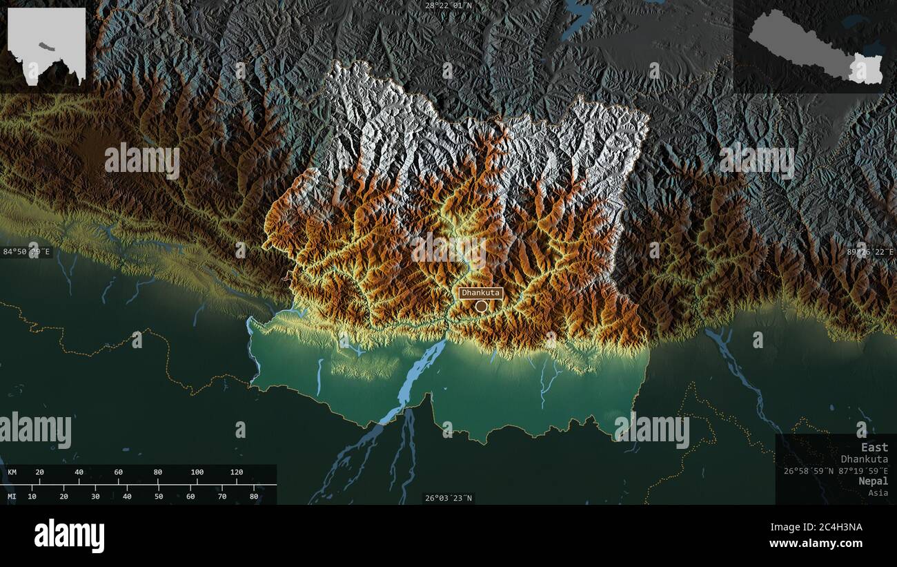 East, development region of Nepal. Colored relief with lakes and rivers ...