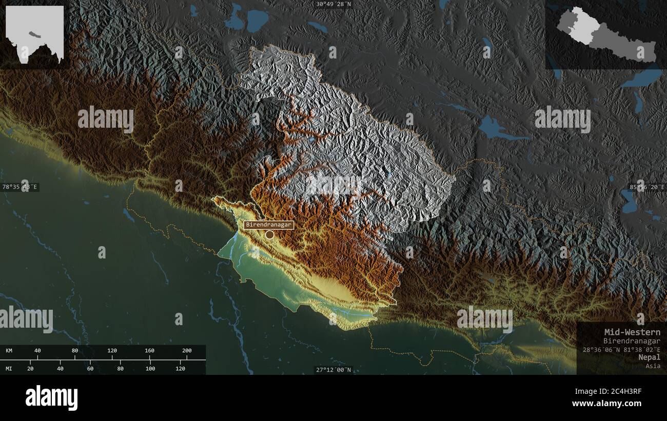 Mid-Western, development region of Nepal. Colored relief with lakes and ...
