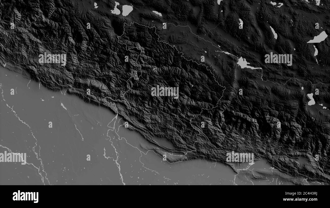 Mid-Western, development region of Nepal. Grayscaled map with lakes and ...