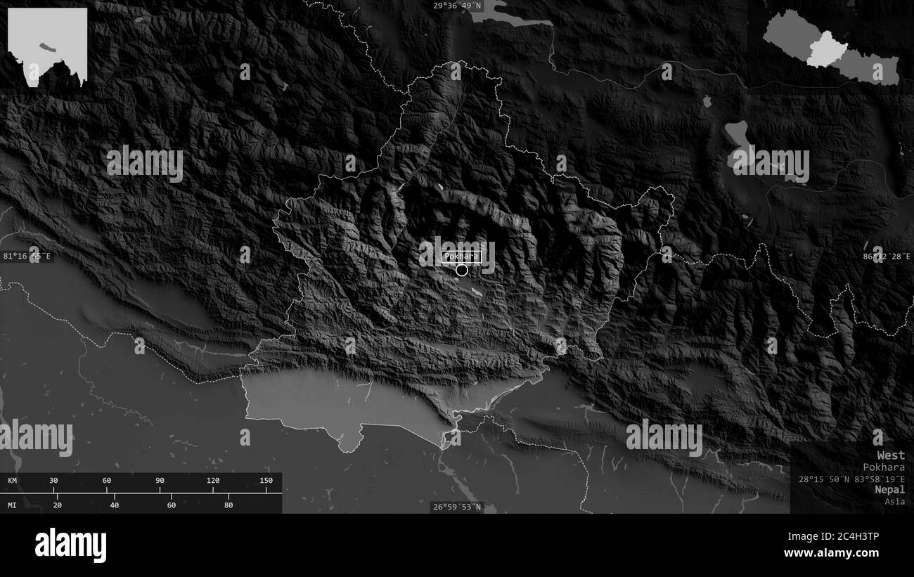 West, development region of Nepal. Grayscaled map with lakes and rivers ...