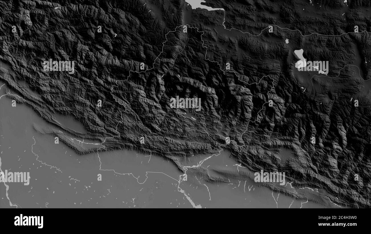 West, development region of Nepal. Grayscaled map with lakes and rivers ...
