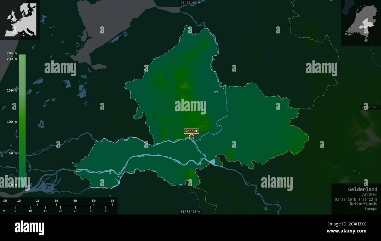 Gelderland, province of Netherlands. Colored shader data with lakes and ...