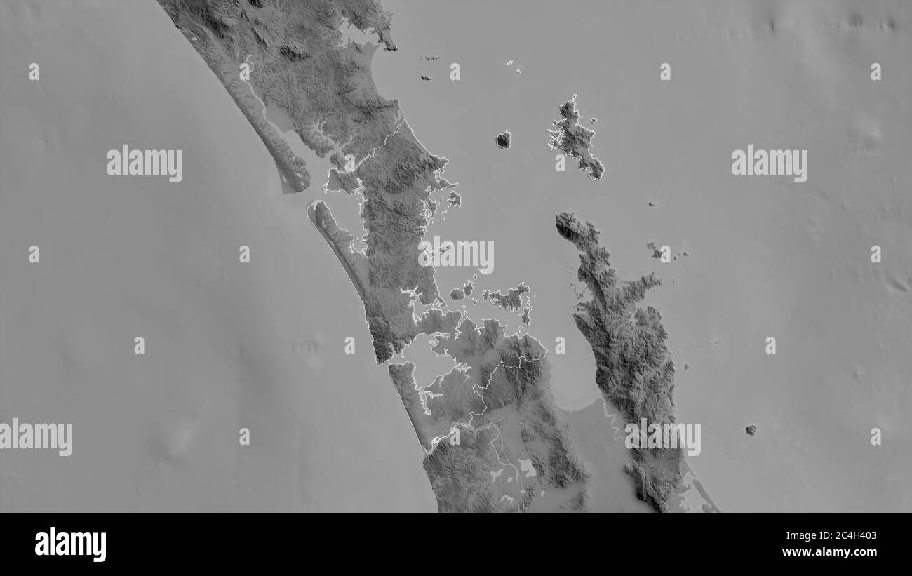 Auckland, regional council of New Zealand. Grayscaled map with lakes ...