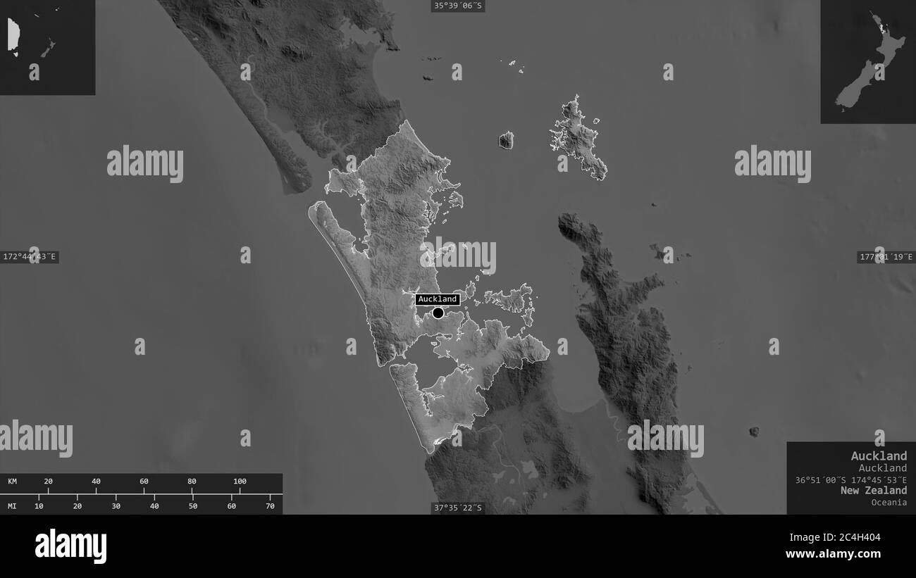 Auckland, regional council of New Zealand. Grayscaled map with lakes ...