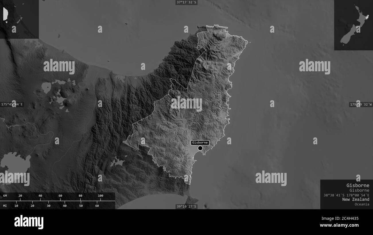 Gisborne, regional council of New Zealand. Grayscaled map with lakes ...