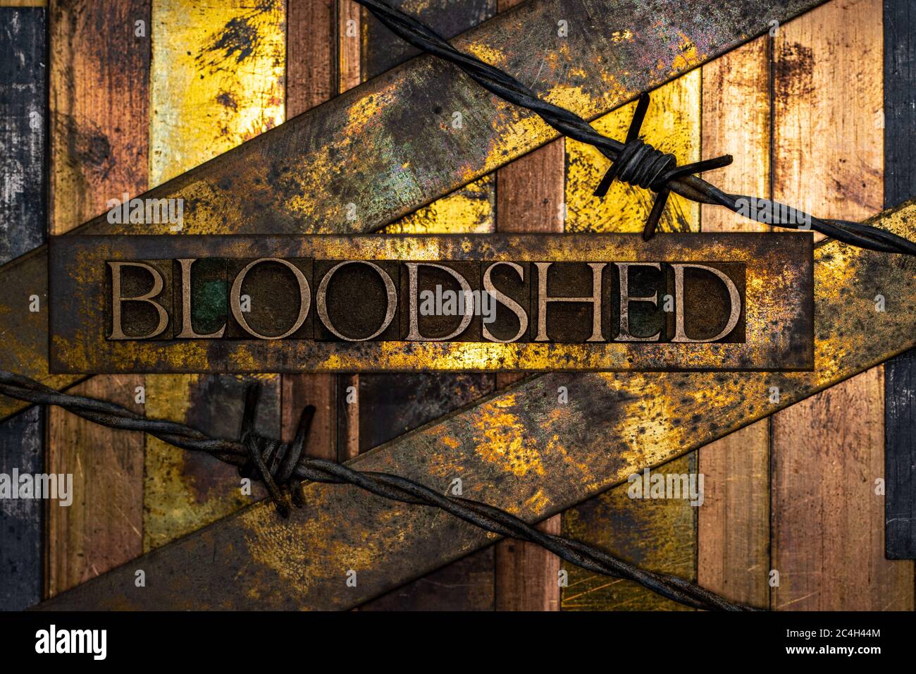 Bloodshed text formed with real authentic typeset letters on vintage ...