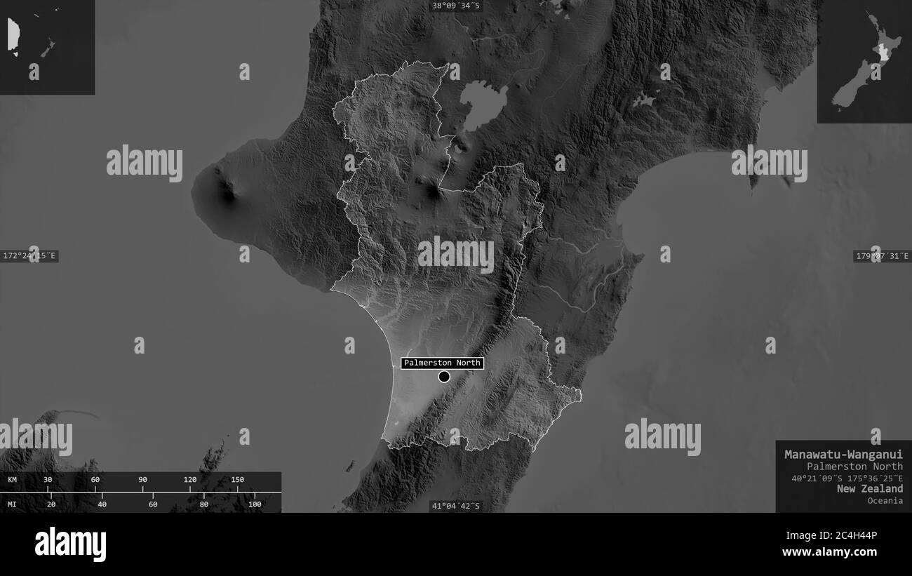 Manawatu-Wanganui, regional council of New Zealand. Grayscaled map with ...