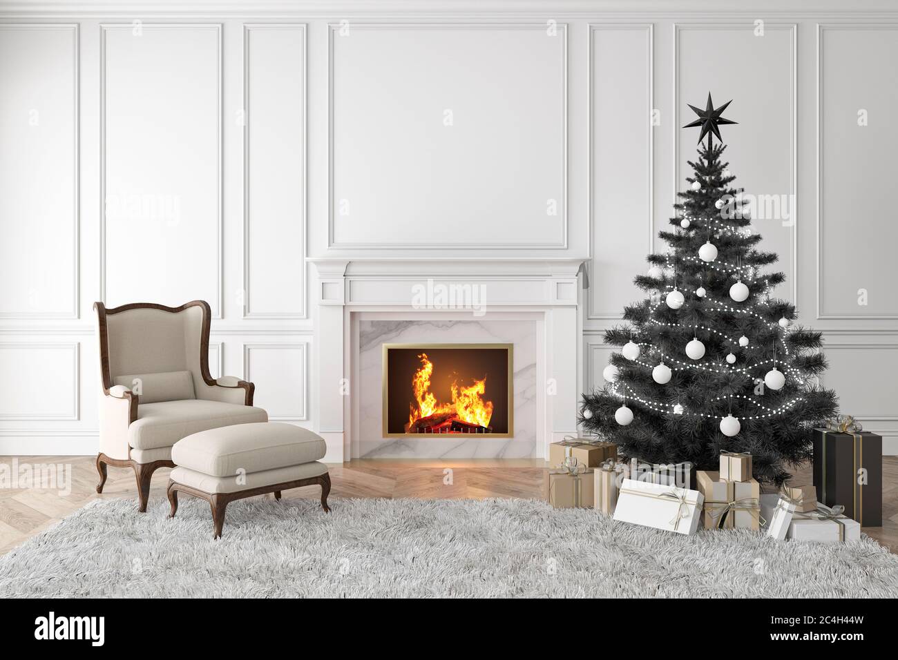 Black christmas tree in classic interior with fireplace, lounge ...