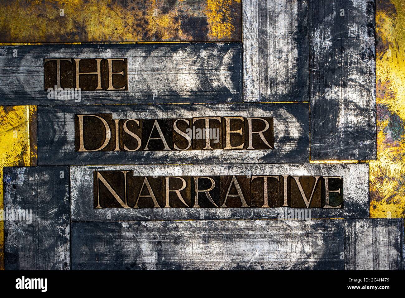 The Disaster Narrative text formed with real authentic typeset letters ...