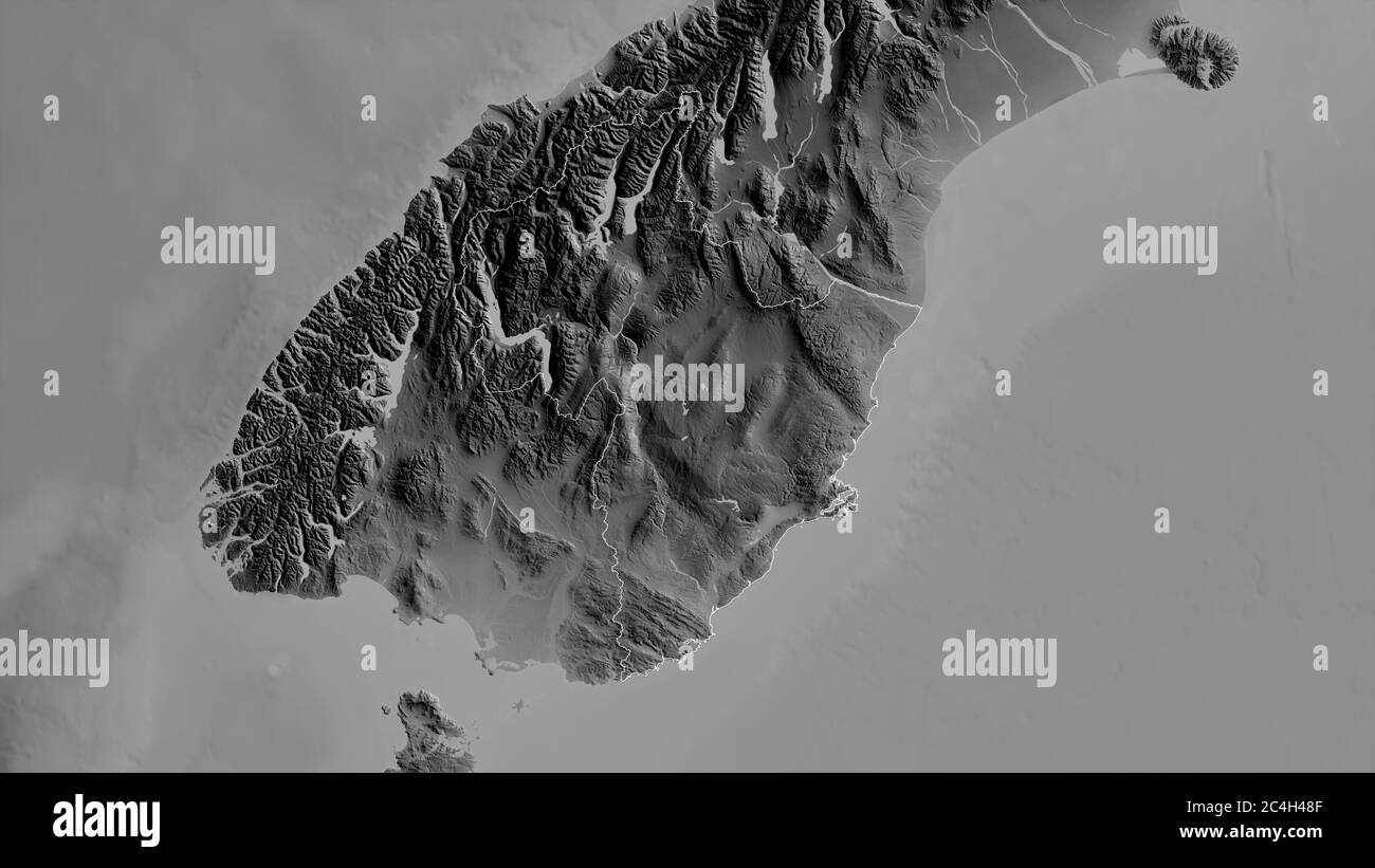 Otago, regional council of New Zealand. Grayscaled map with lakes and ...