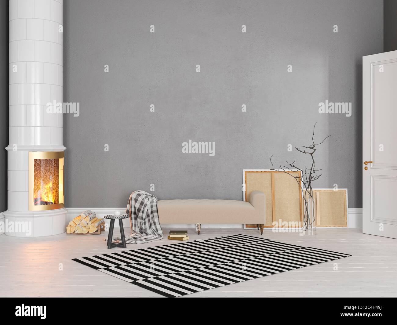 Gray scandinavian, classic interior with couch, stove, fireplace ...