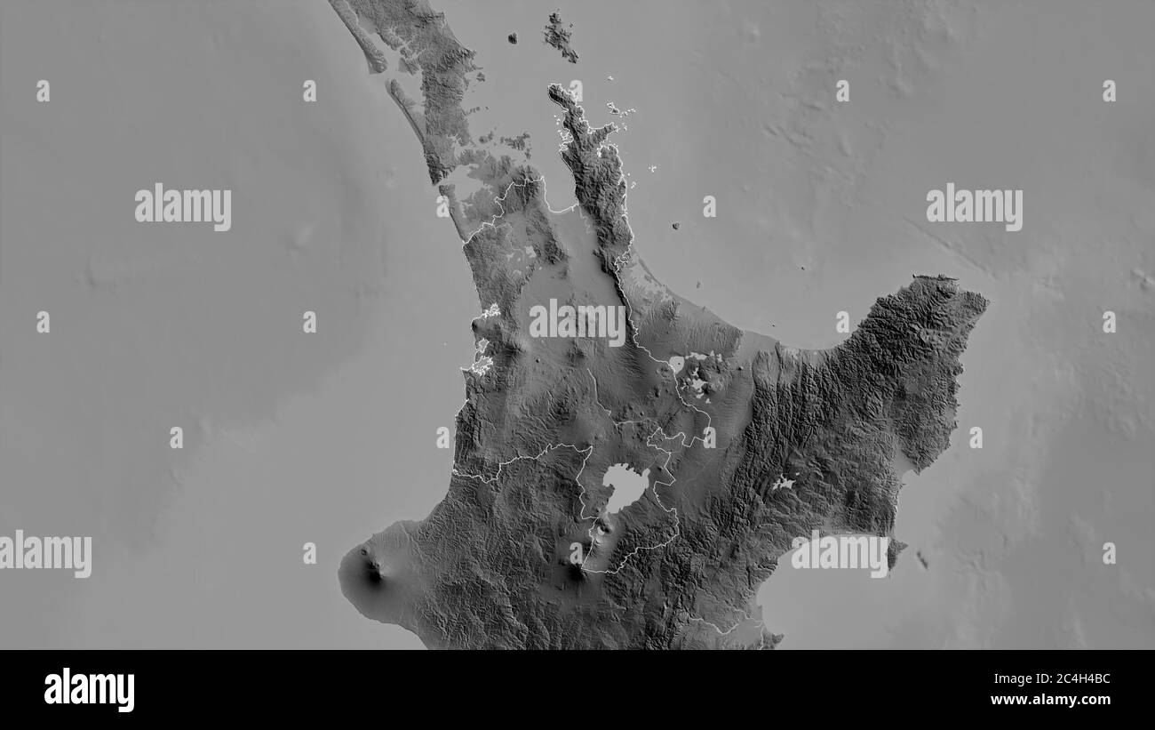 Waikato, regional council of New Zealand. Grayscaled map with lakes and ...