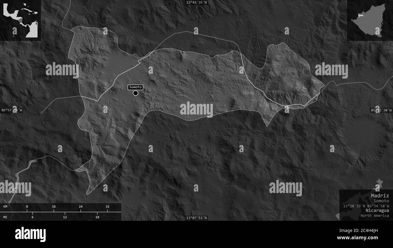 Madriz, department of Nicaragua. Grayscaled map with lakes and rivers ...