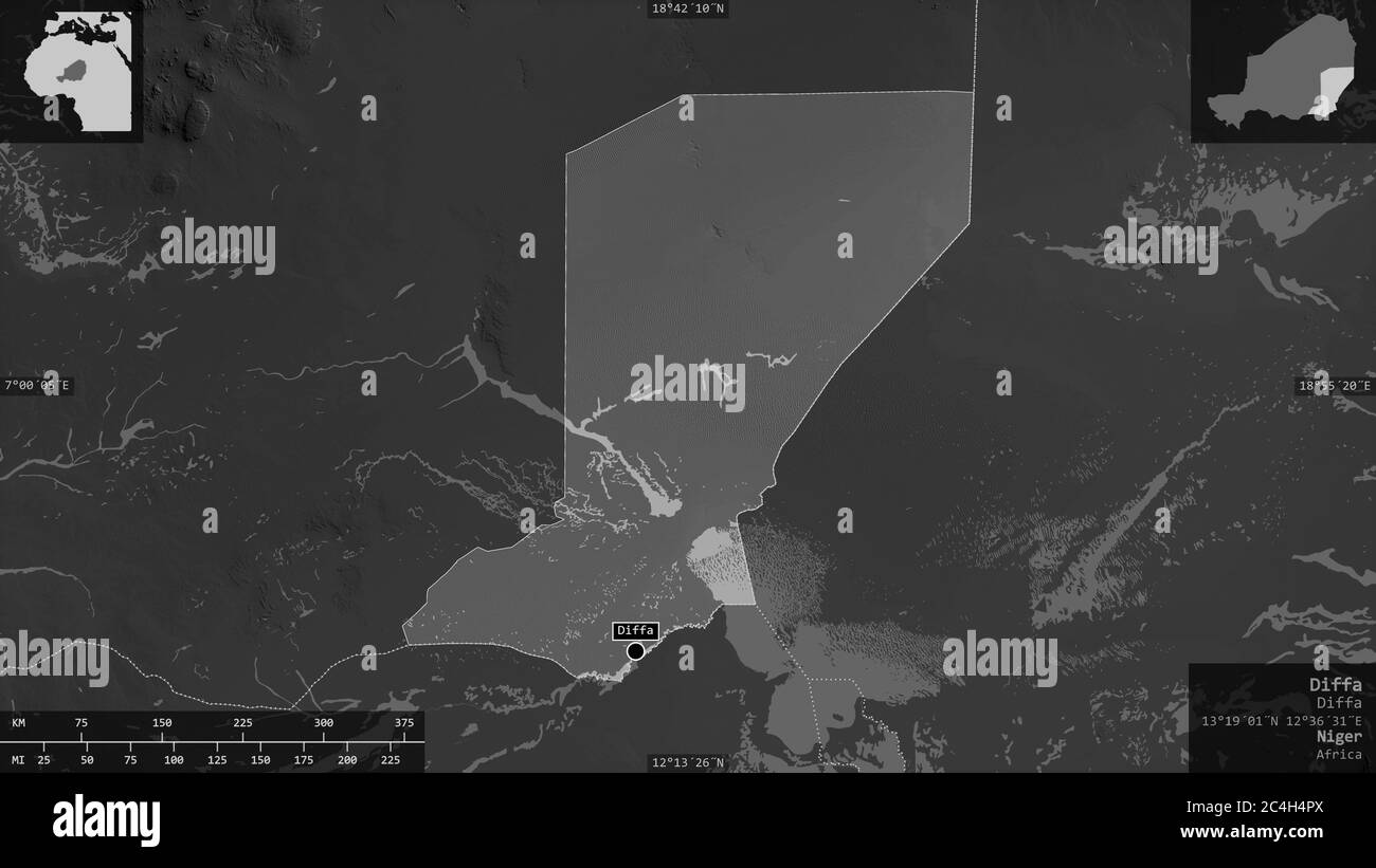 Diffa, department of Niger. Grayscaled map with lakes and rivers. Shape ...