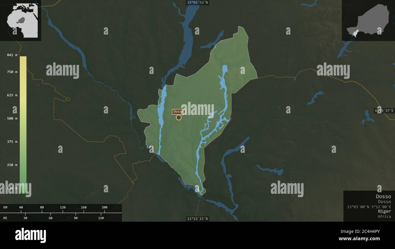 Dosso, department of Niger. Colored shader data with lakes and rivers ...