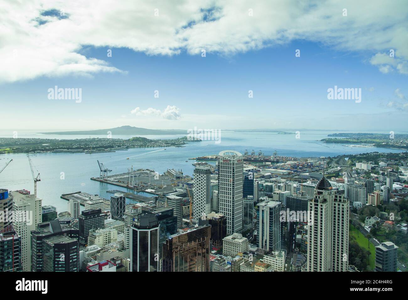 Aerial view to downtown Auckland, viewed from the Sky Tower. Modern ...