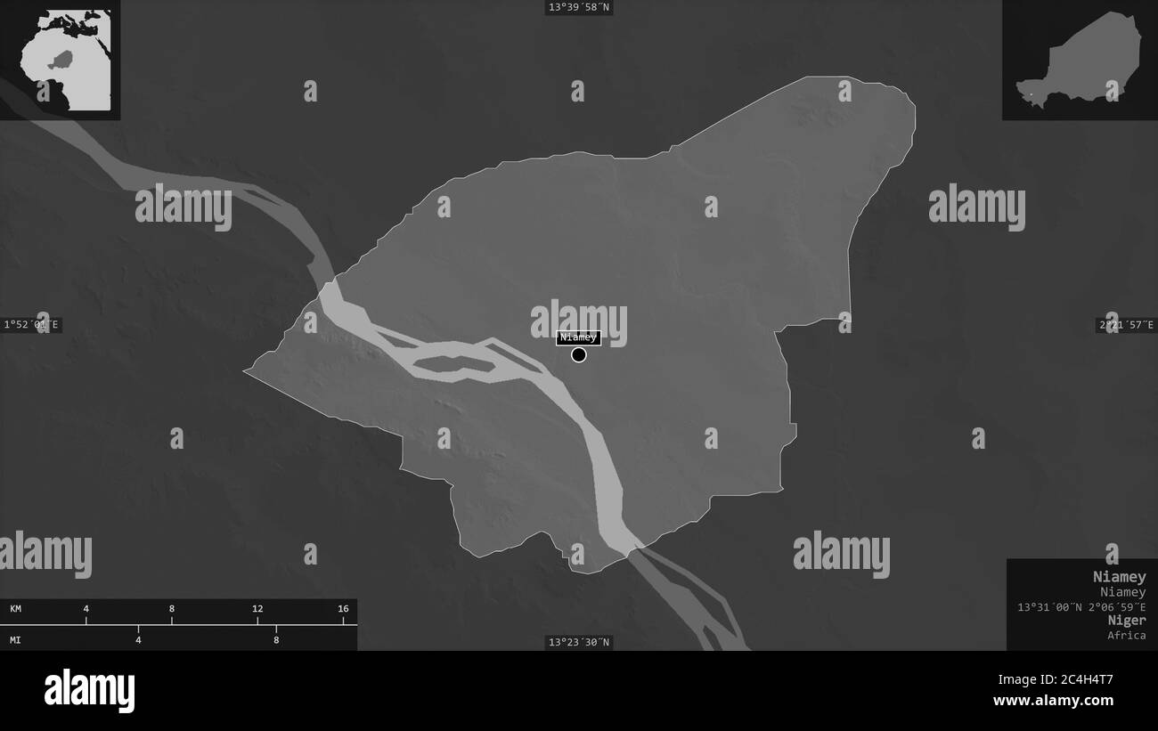 Niamey, capital district of Niger. Grayscaled map with lakes and rivers ...