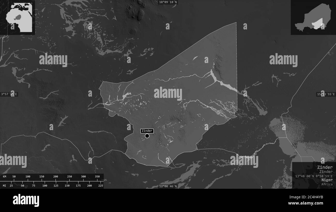 Zinder, department of Niger. Grayscaled map with lakes and rivers ...