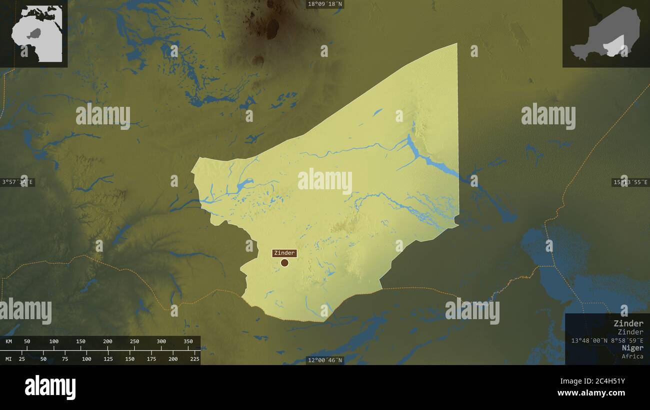 Zinder, department of Niger. Colored relief with lakes and rivers ...