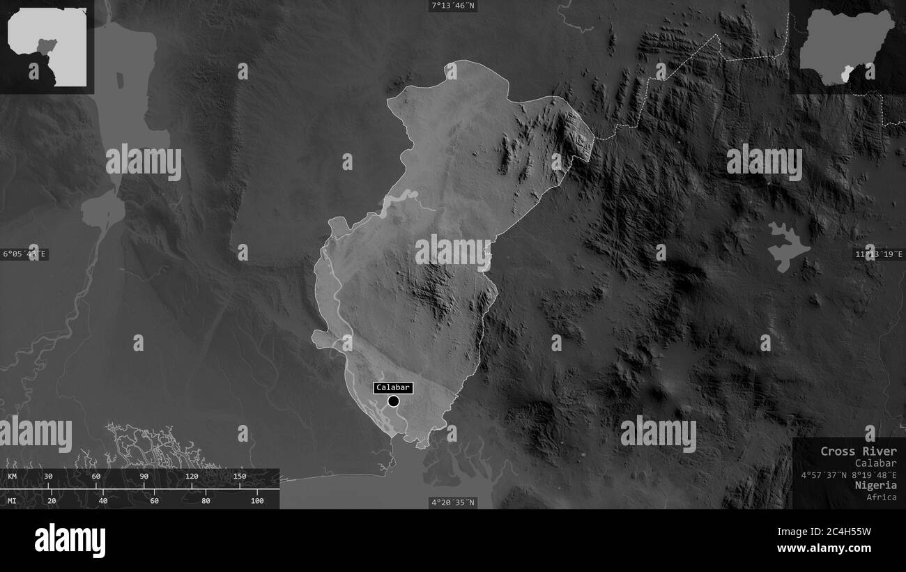 Cross River, state of Nigeria. Grayscaled map with lakes and rivers ...