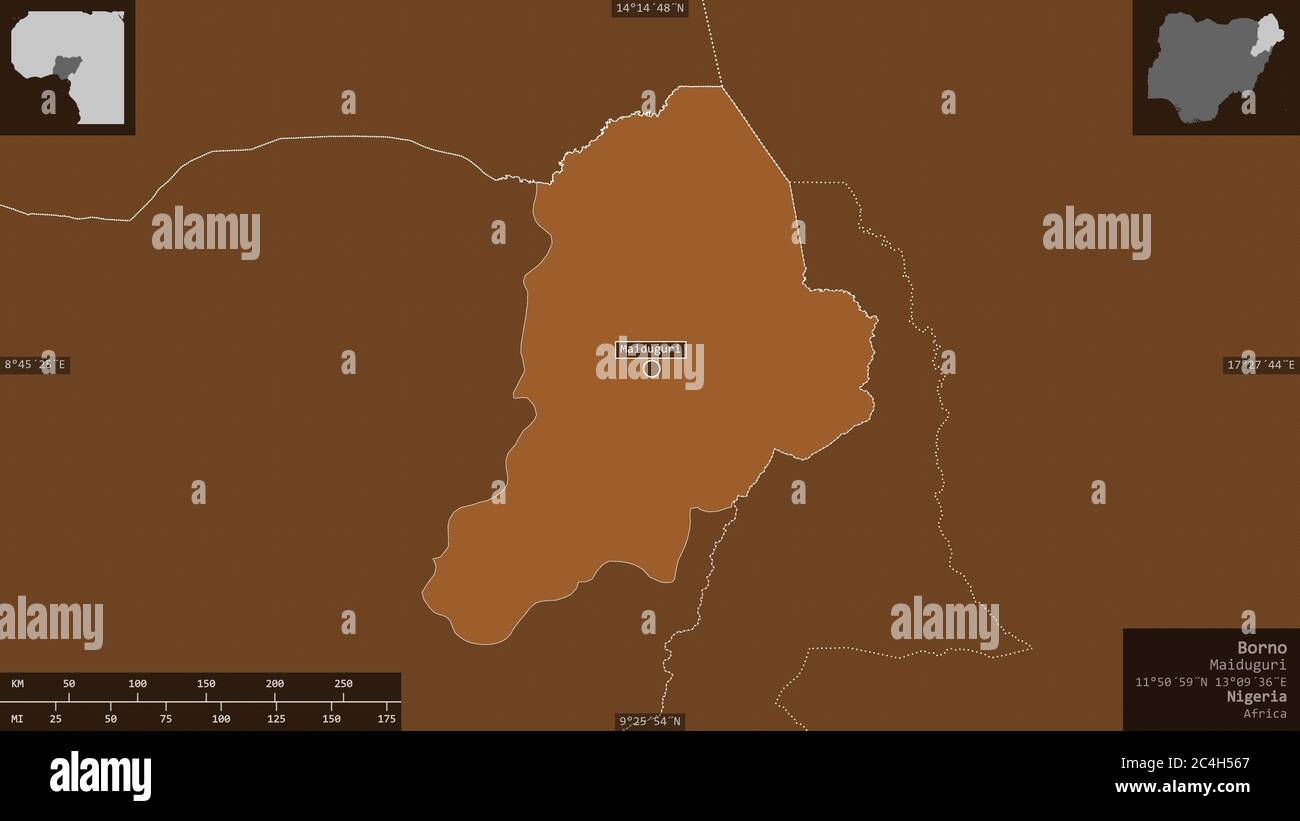 Borno, state of Nigeria. Patterned solids with lakes and rivers. Shape ...