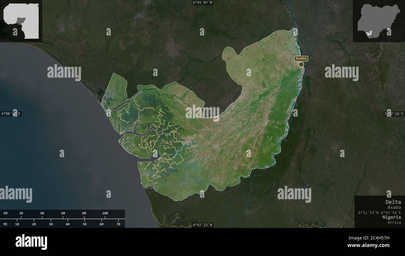 Delta, state of Nigeria. Satellite imagery. Shape presented against its ...