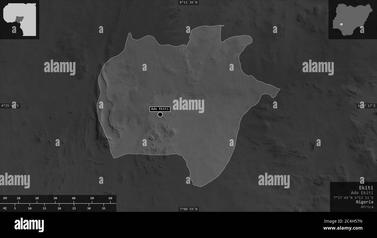 Ekiti, state of Nigeria. Grayscaled map with lakes and rivers. Shape ...