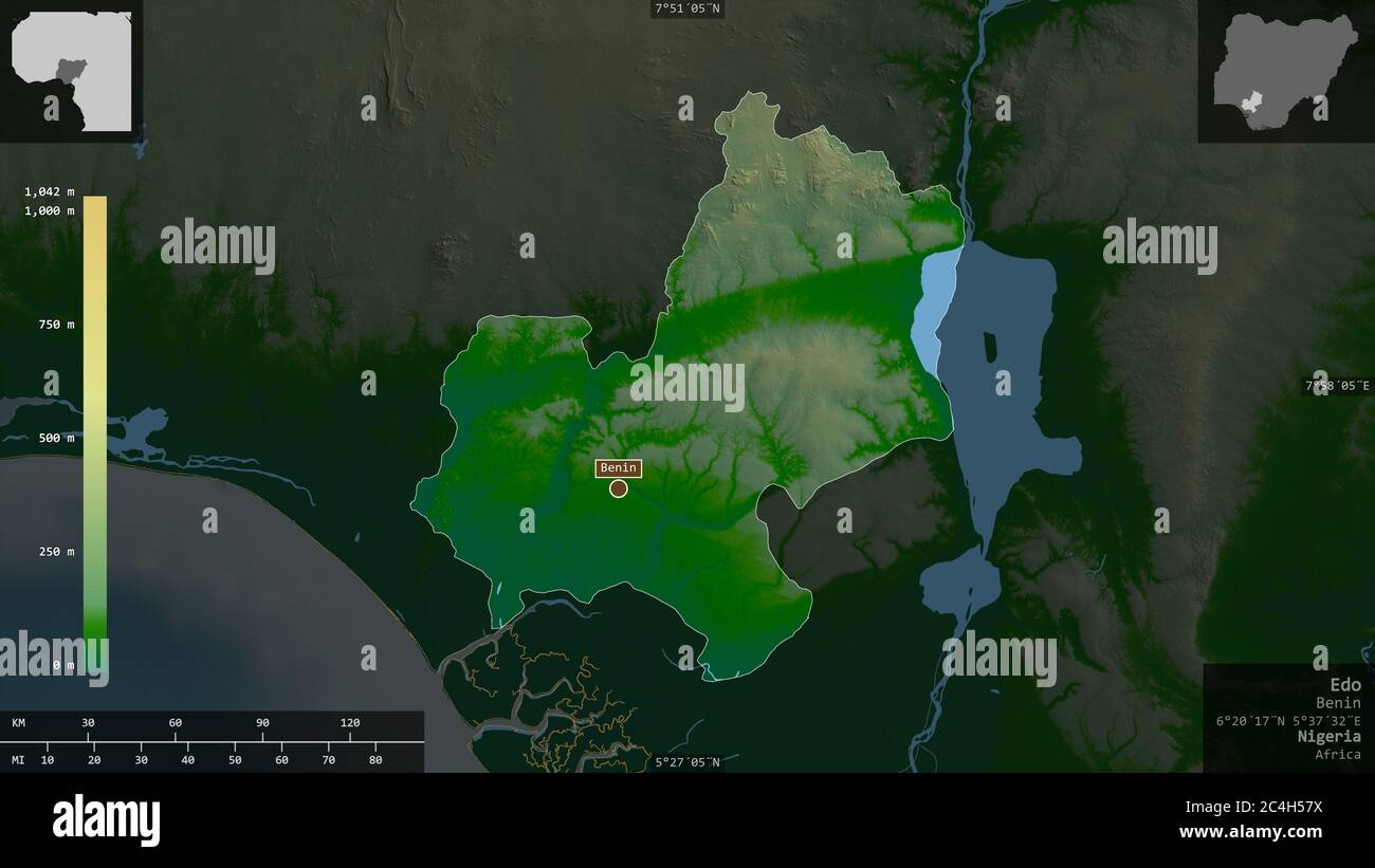 Edo, state of Nigeria. Colored shader data with lakes and rivers. Shape ...