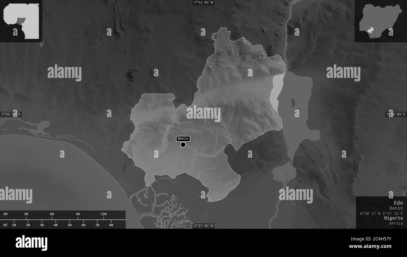 Edo, state of Nigeria. Grayscaled map with lakes and rivers. Shape ...