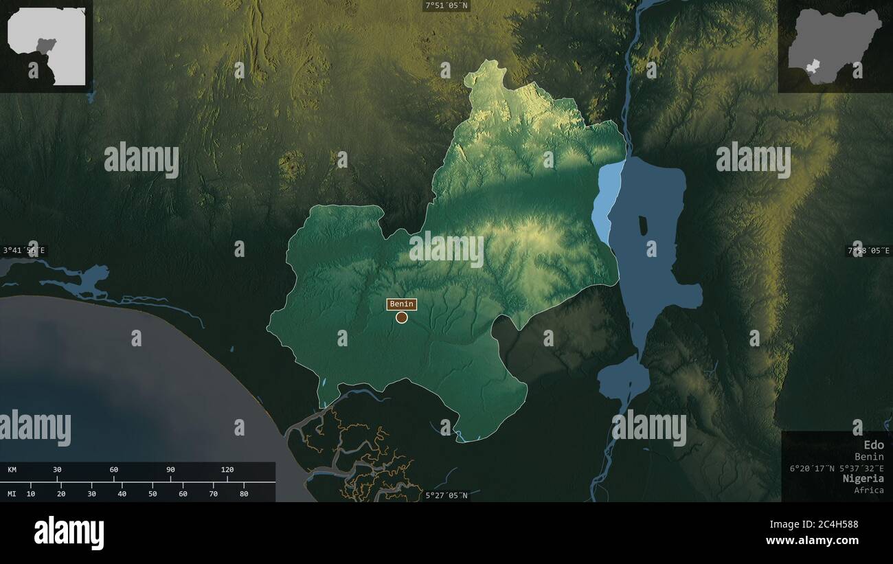 Edo, state of Nigeria. Colored relief with lakes and rivers. Shape ...