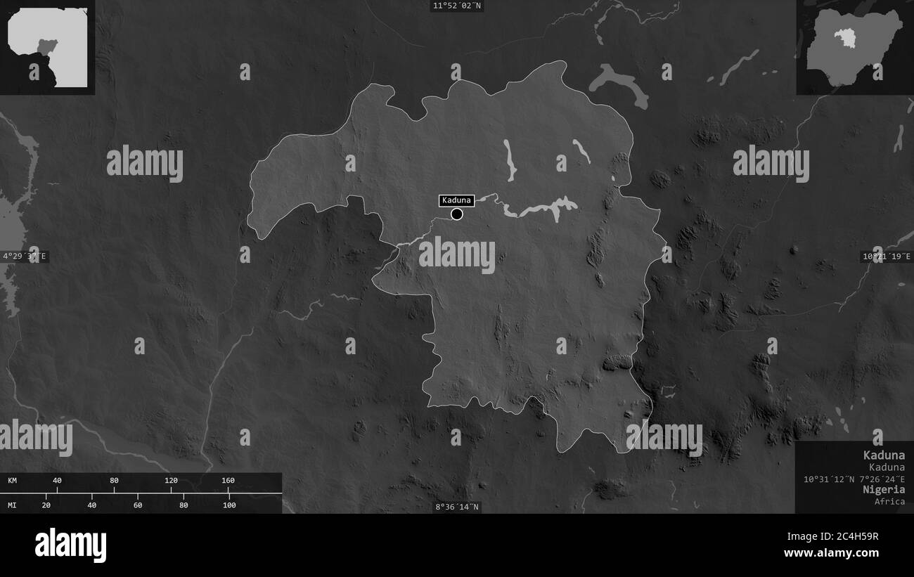 Kaduna, state of Nigeria. Grayscaled map with lakes and rivers. Shape ...