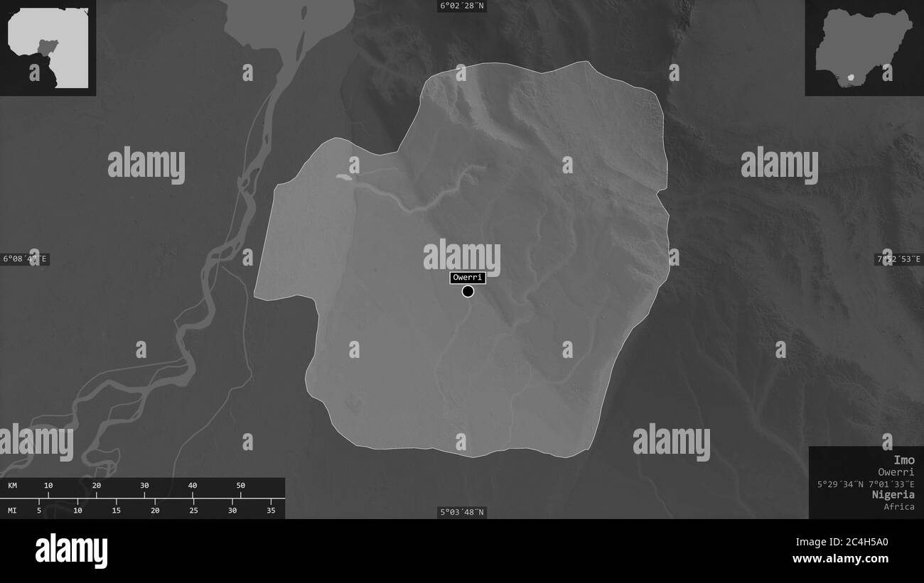 Imo, state of Nigeria. Grayscaled map with lakes and rivers. Shape ...