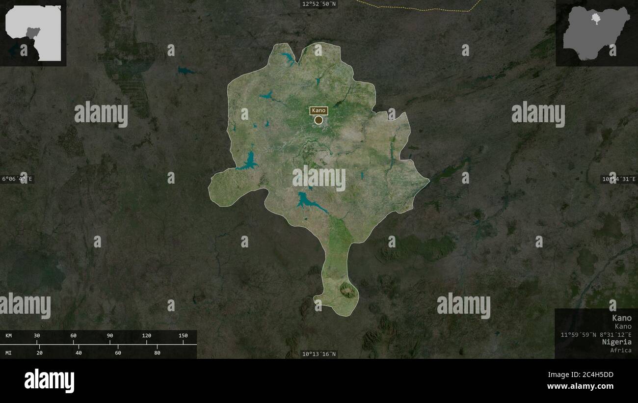 Kano, state of Nigeria. Satellite imagery. Shape presented against its ...
