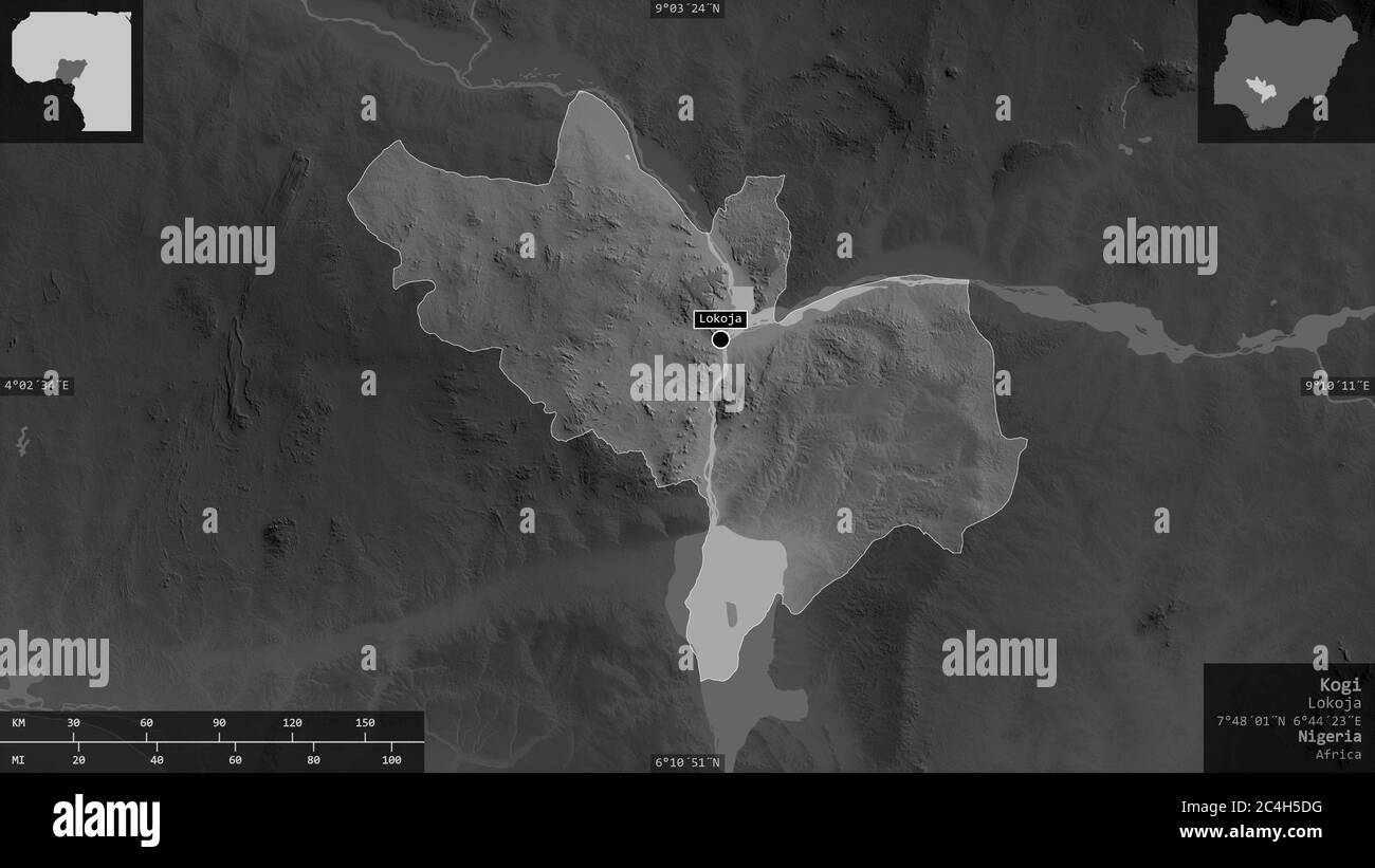 Kogi, state of Nigeria. Grayscaled map with lakes and rivers. Shape ...