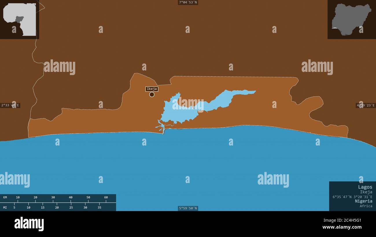 Lagos, state of Nigeria. Patterned solids with lakes and rivers. Shape ...
