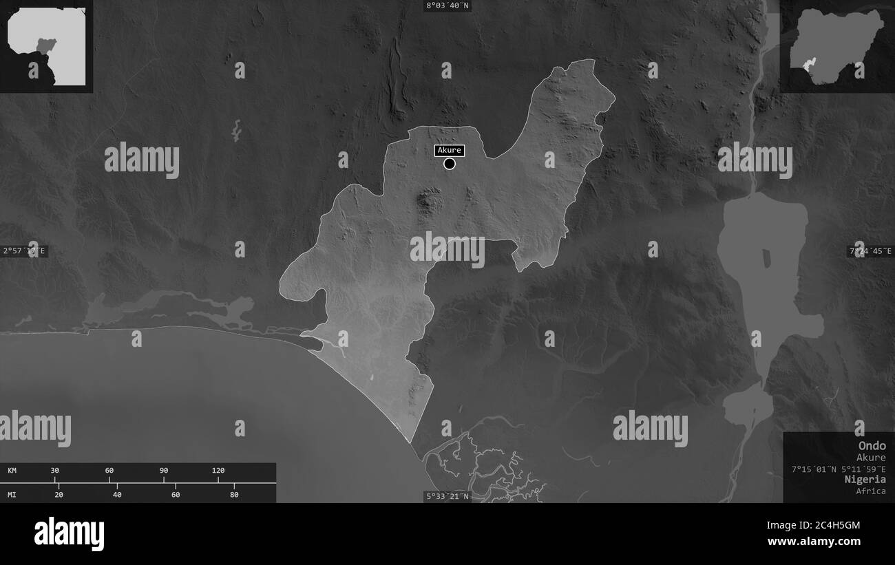 Ondo, state of Nigeria. Grayscaled map with lakes and rivers. Shape ...