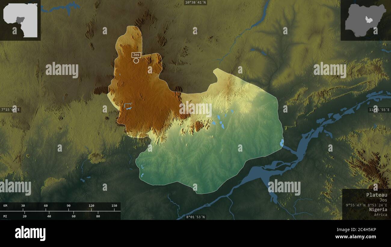 Plateau, state of Nigeria. Colored relief with lakes and rivers. Shape ...