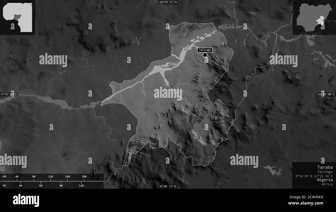 Taraba, state of Nigeria. Grayscaled map with lakes and rivers. Shape ...